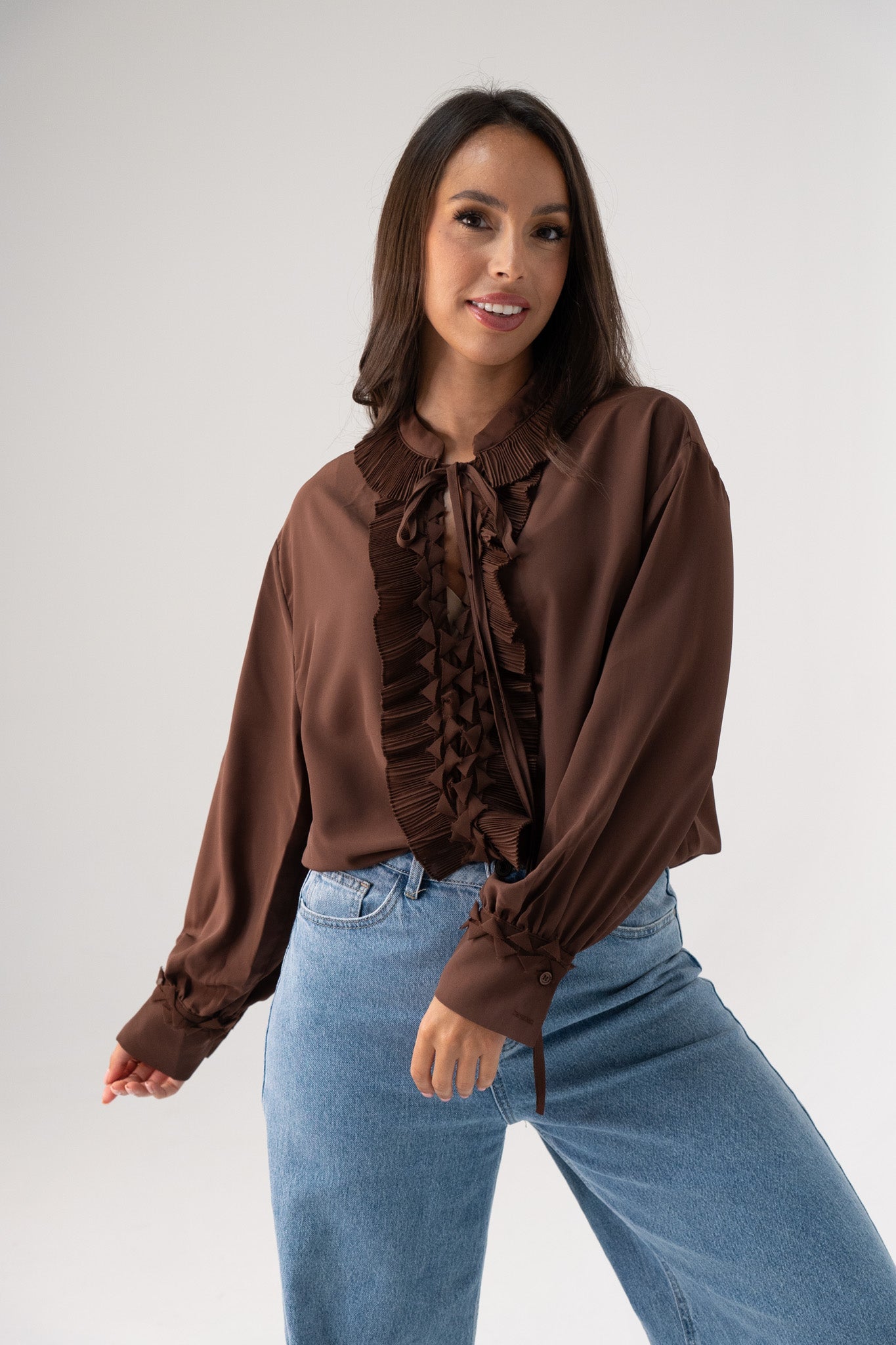 Kendra Tie Neck Ruffle Blouse In Coffee – The Walk in Wardrobe