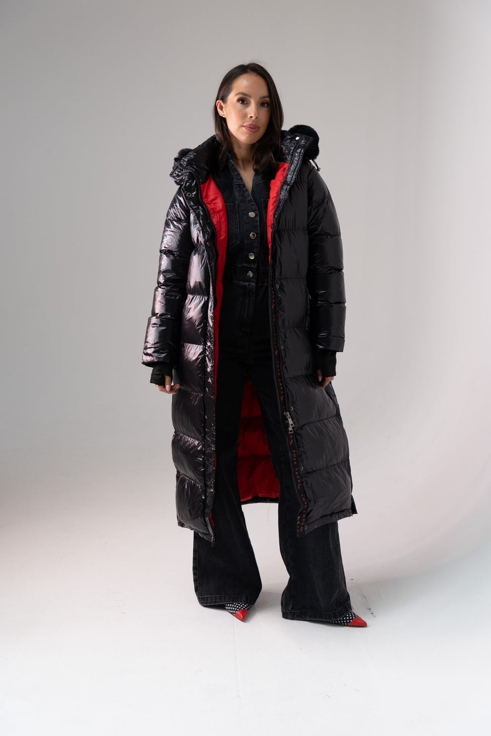 Love Laura Red Lined Puffa Coat In Black – The Walk in Wardrobe