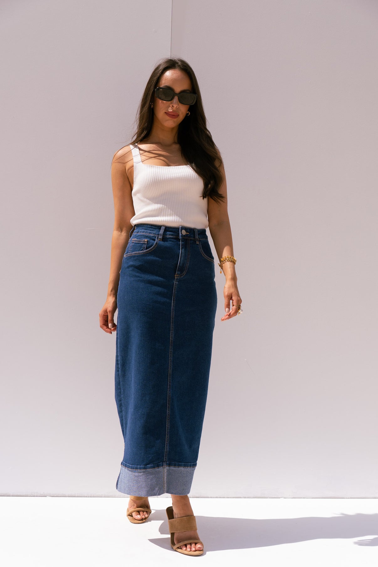 Love Laura Denim Midi Skirt In Dark Wash – The Walk in Wardrobe