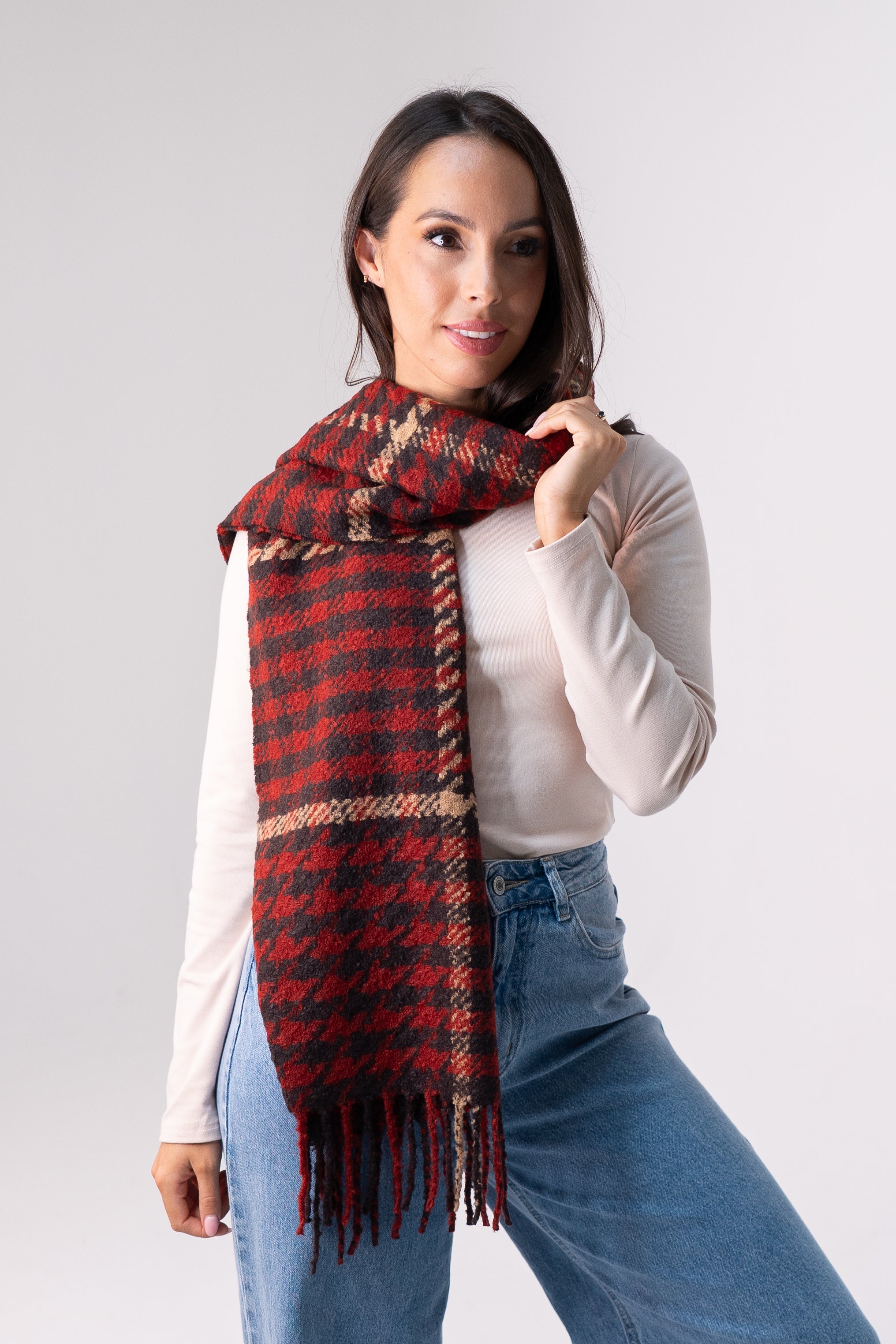 Orla Houndstooth Scarf In Red Mix – The Walk in Wardrobe